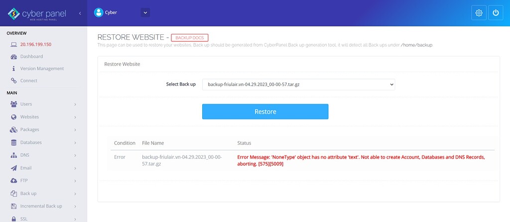 Unable to restore website with error [575][5009] - Bug Report - CyberPanel Community